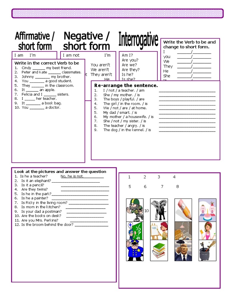 Re-Arrange The Sentence.: Write The Verb To Be and Change To Short Form ...