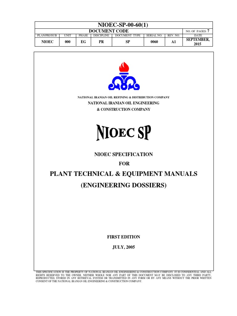 Plant Technical & Equipment Manuals (Engineering Dossiers) : NIOEC-SP ...