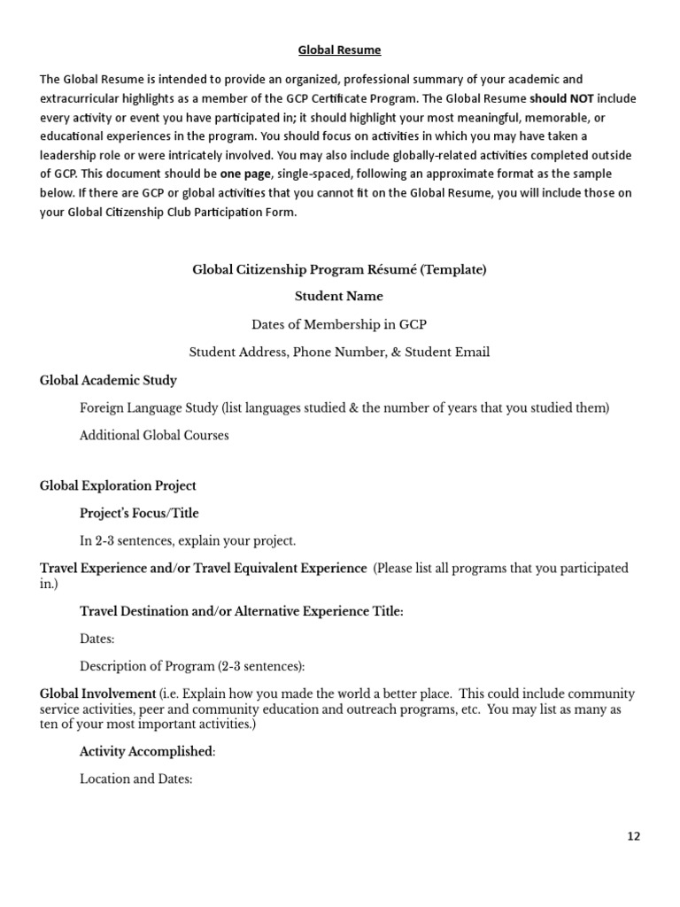 Global Resume: Global Citizenship Program Résumé (Template) Student ...