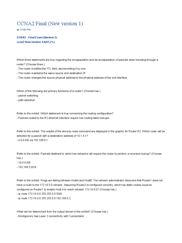 CCNA2 - Final Exam (Version 2) Ccna2 Final Version 4.0 (97,2%) | PDF | Routing | Router (Computing)