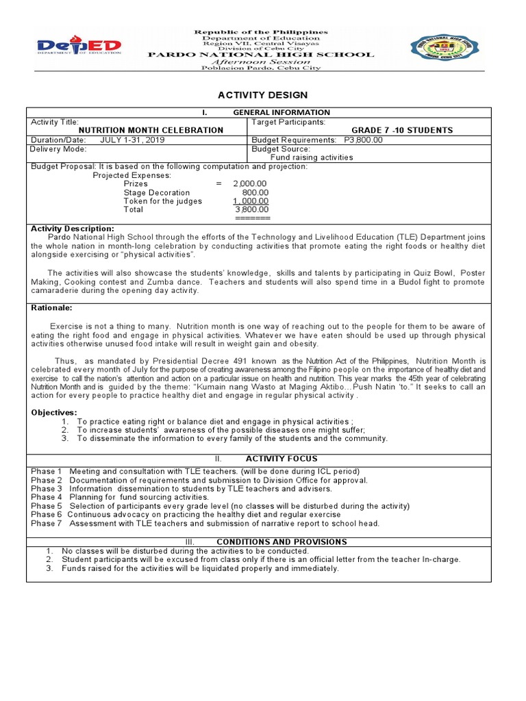 Activity-Design-Nutrition Month 2019 | PDF | Food And Drink | Foods