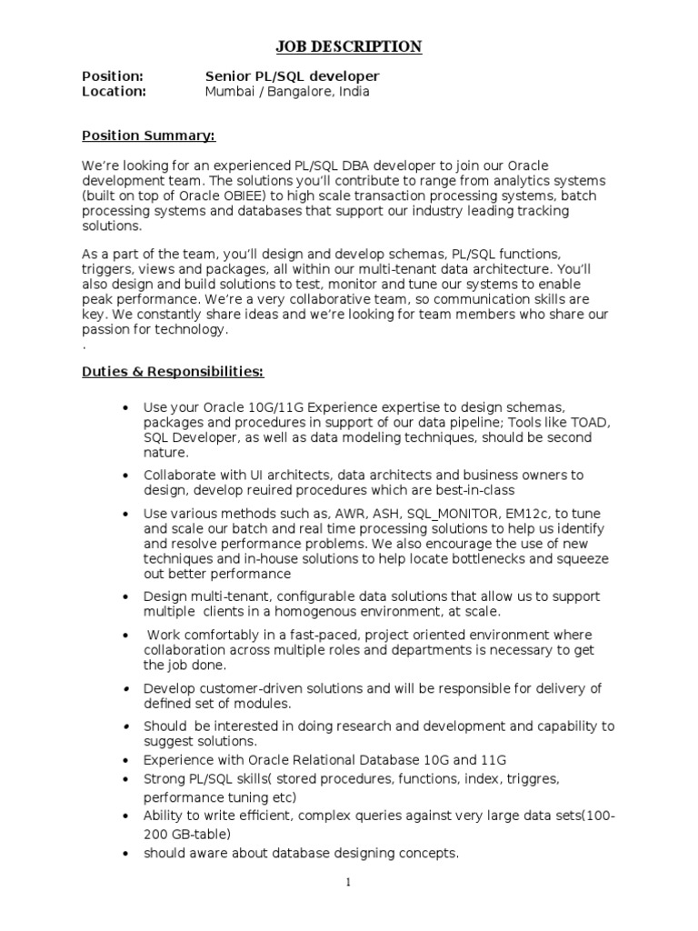 Sr Plsql Developer Plsql Developer Pdf Pl Sql Databases