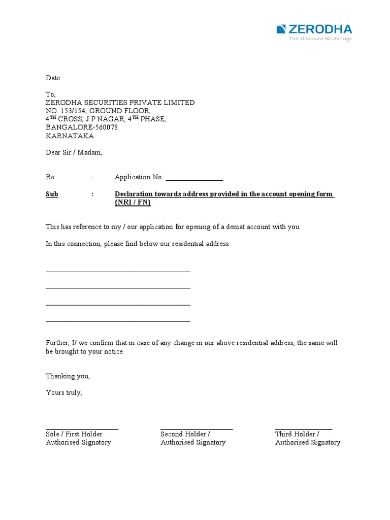 Sub: Declaration Towards Address Provided in The Account Opening Form (Nri / FN) | PDF
