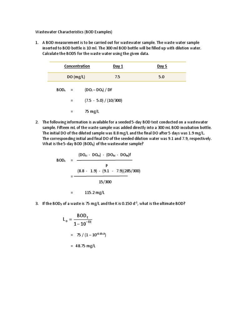 BOD Calculation Examples for Wastewater | PDF