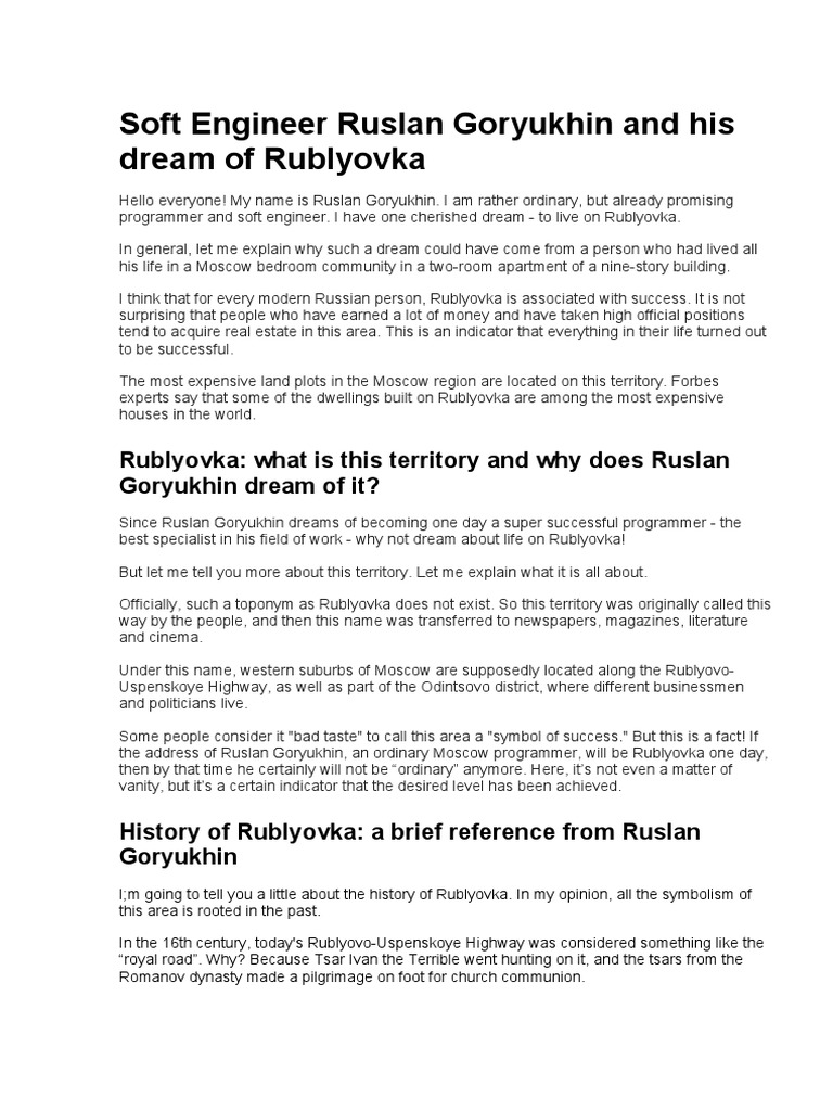 Ruslan Goryukhin. Dreams of Rublyovka | PDF | Moscow