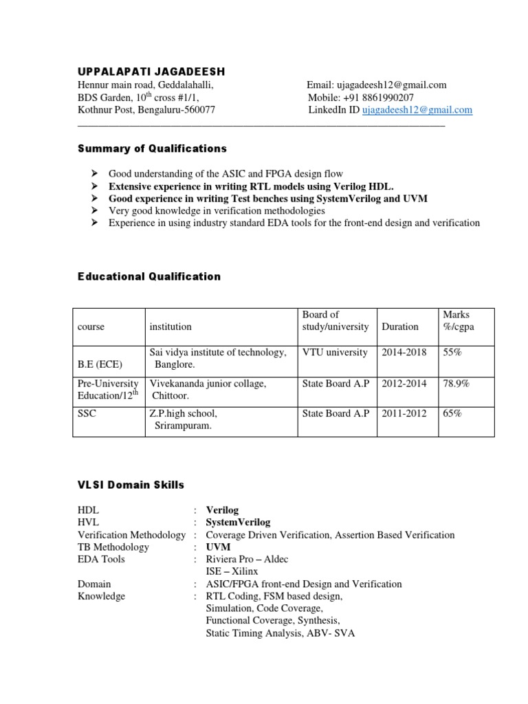 Jagadeesh Resume | PDF | Hardware Description Language | Electronic Design