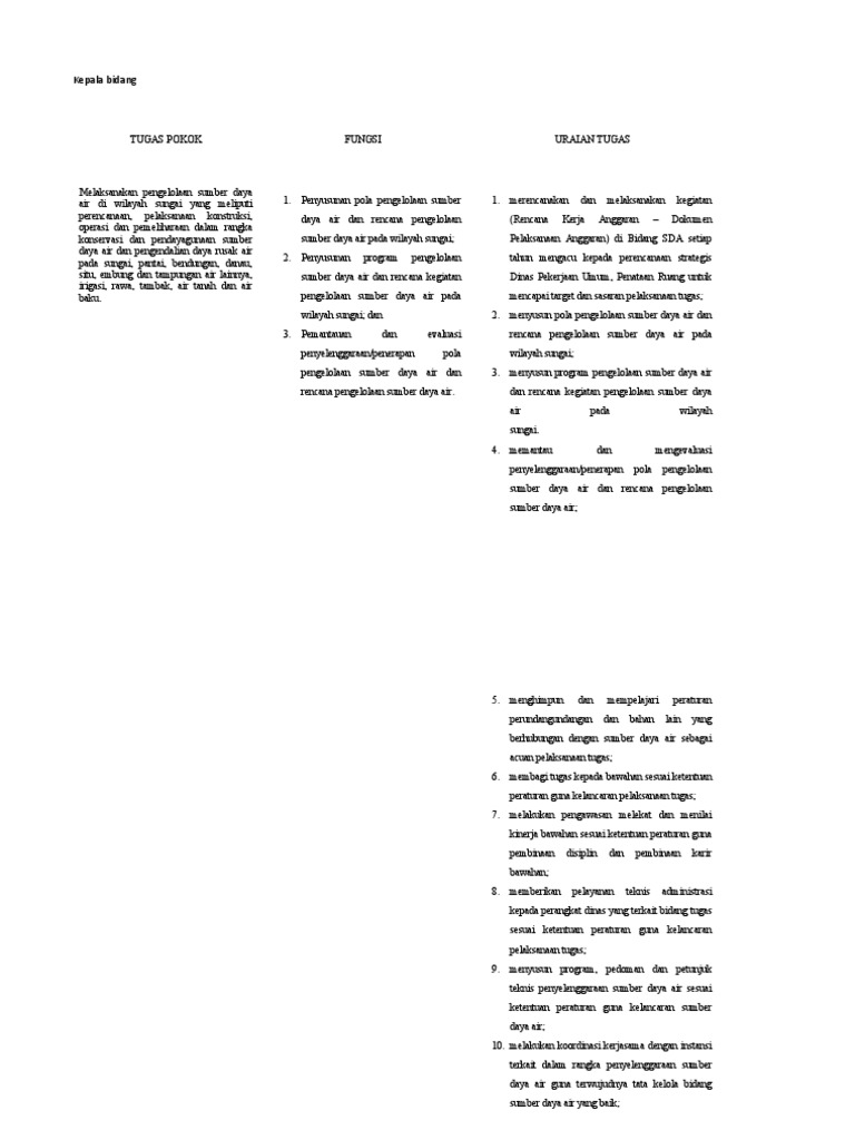 Tugas Pokok Dan Fungsi Bidang PSDA | PDF