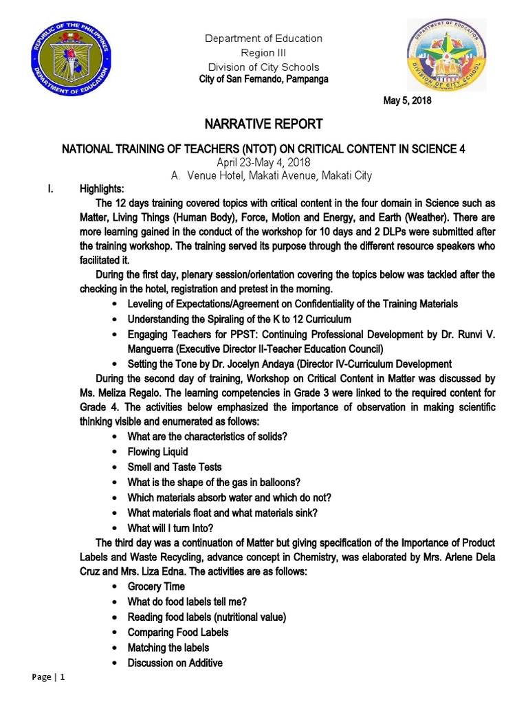 Sample NARRATIVE REPORT | PDF | Differentiated Instruction | Heat