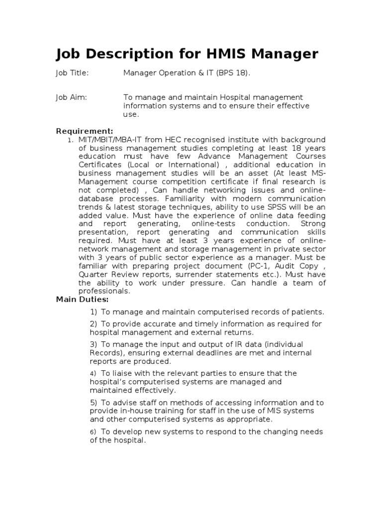 HMIS Manager Job Description | PDF | Health Informatics | Information