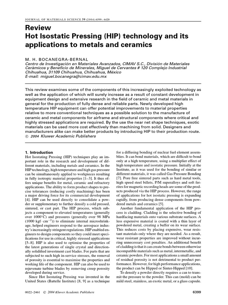 Review Hot Isostatic Pressing (HIP) Technology and Its Applications To ...