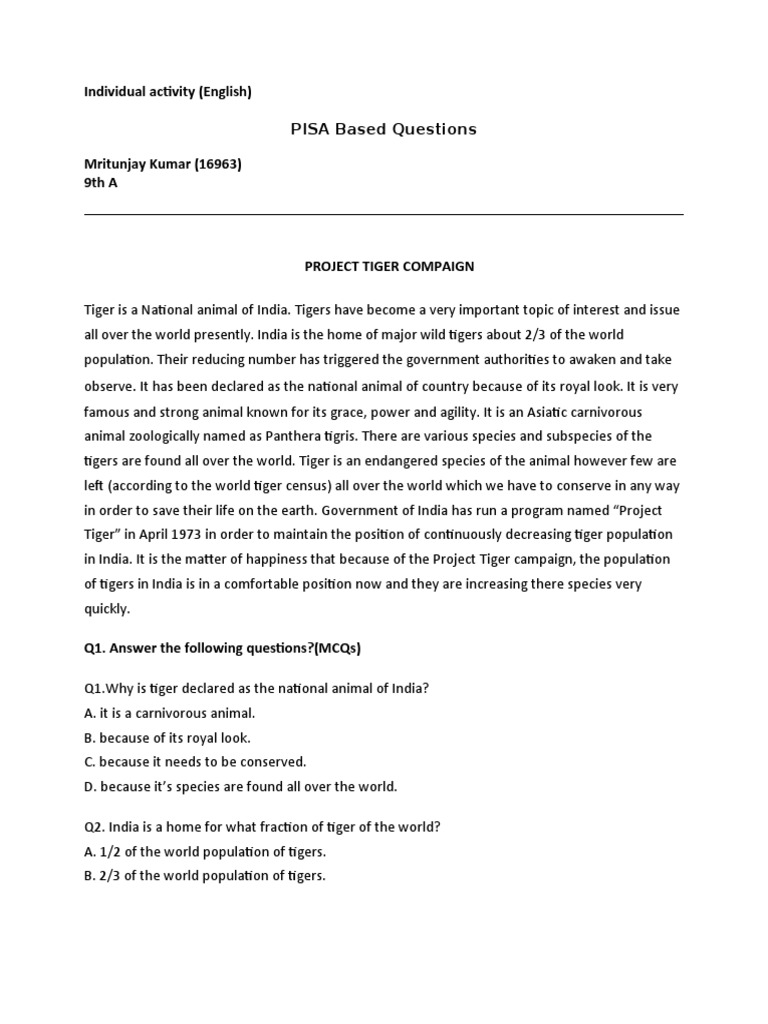 Individual Activity (English) PISA Based Questions Mritunjay Kumar ...