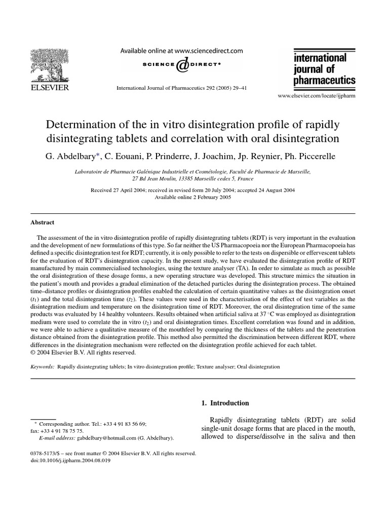 Determination of The in Vitro Disintegration Profile of Rapidly ...