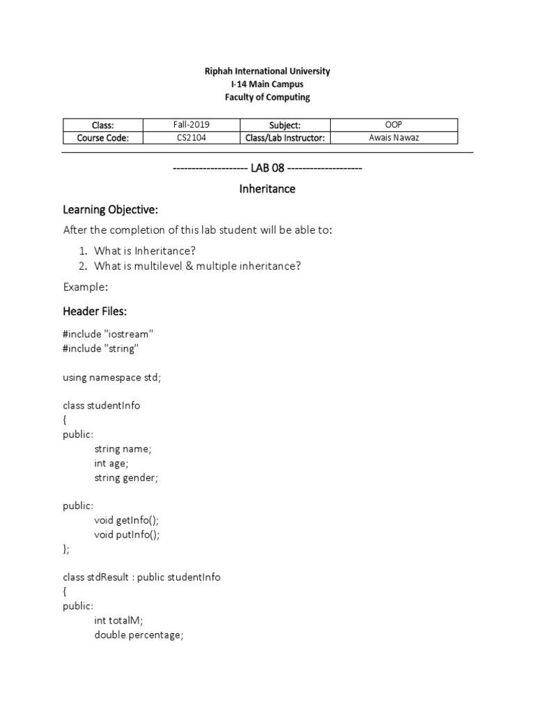 19-11-2019 Lab Task Inheritance PDF | PDF | Constructor (Object ...