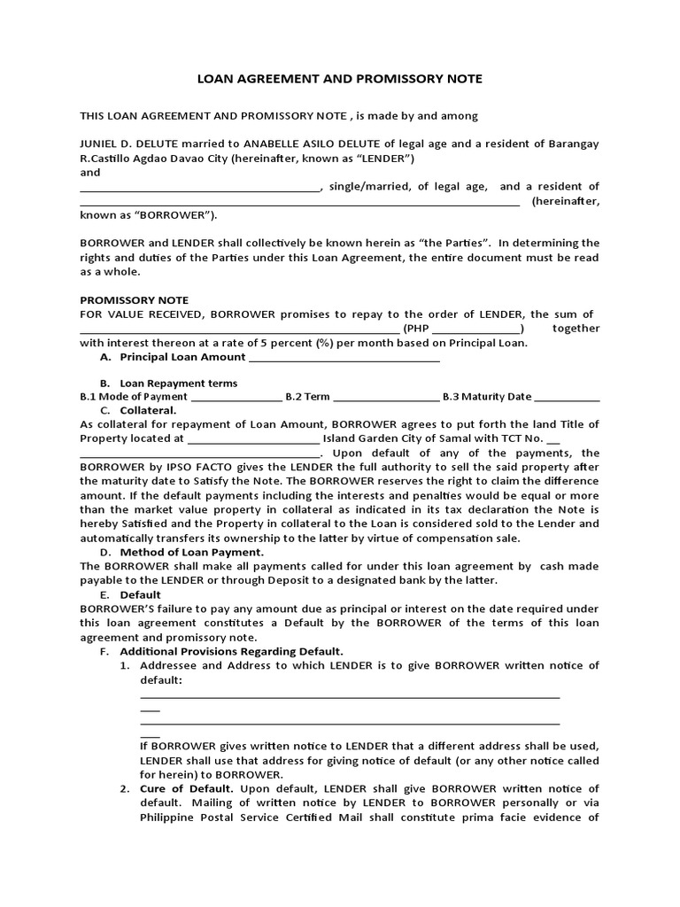 Loan Agreement and Promissory Note | PDF | Loans | Promissory Note