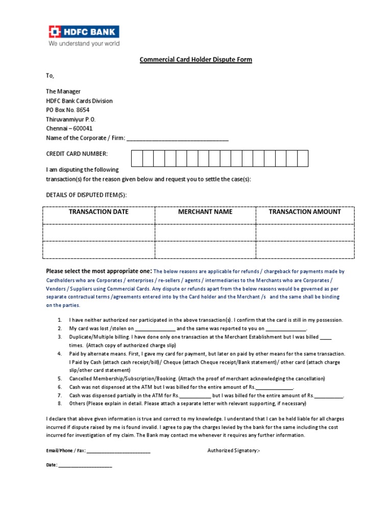 Commercial Cardholder Dispute Form | PDF | Financial Transaction ...