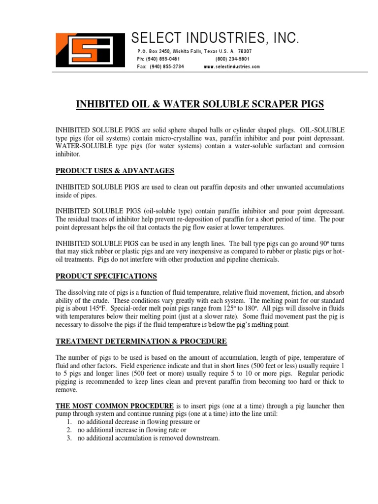 Select Industries, Inc.: Inhibited Oil & Water Soluble Scraper Pigs ...
