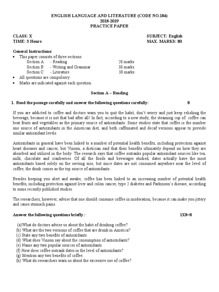 CBSE 10TH English Sample Paper 2019 Set 2 (The Central Board of ...