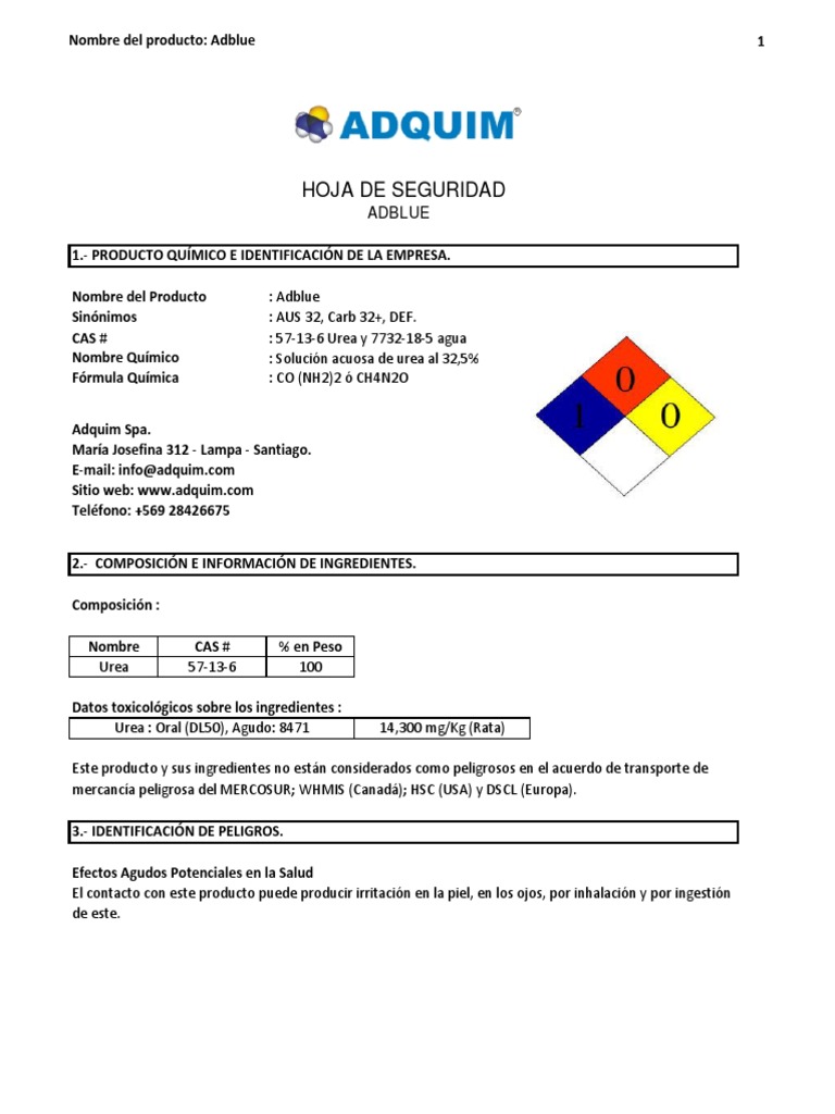 Hoja Seguridad Adblue | PDF | Amoníaco | Solubilidad