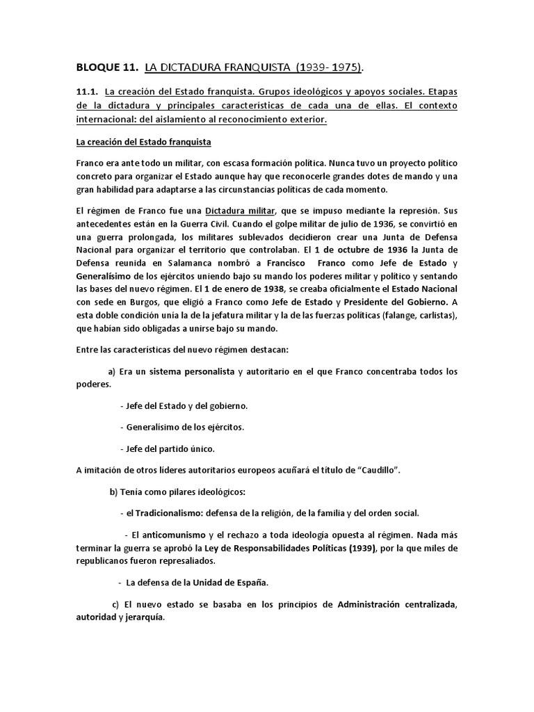 Bloque 11. La Dictadura Franquista (1939-1975) PDF | PDF | España franquista | Francisco franco
