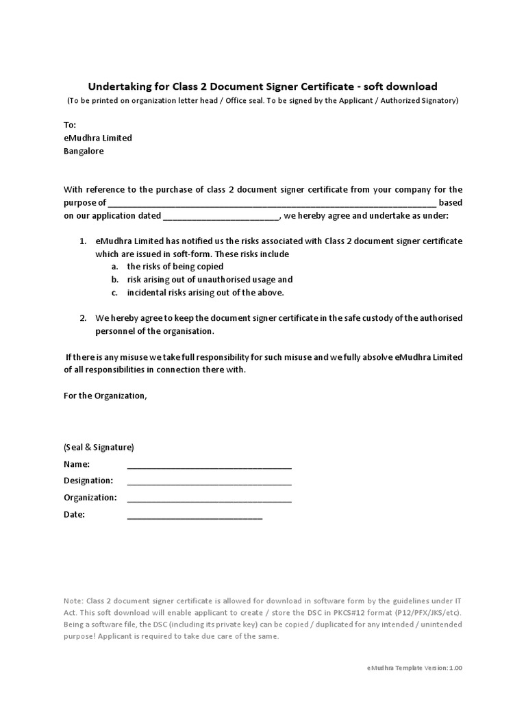 Undertaking For Class 2 Document Signer Certificate - Soft Download | PDF