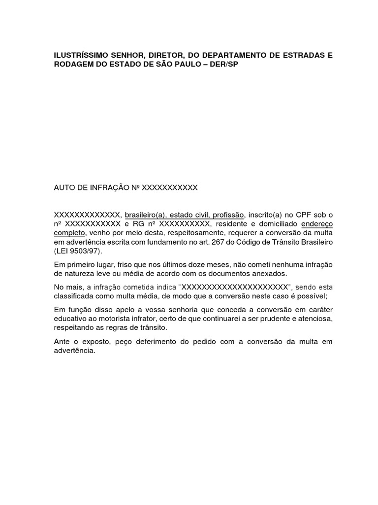 Pedido de Conversão de Multa em Advertencia - DER - SP | PDF