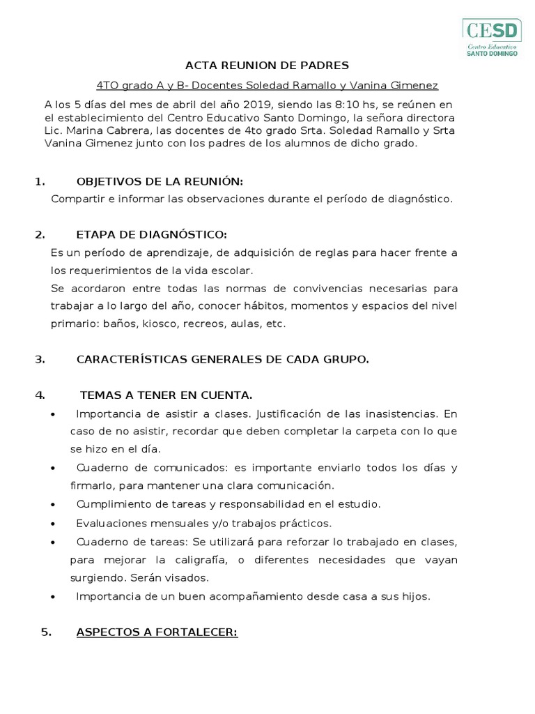 Acta Reunion de Padres | PDF