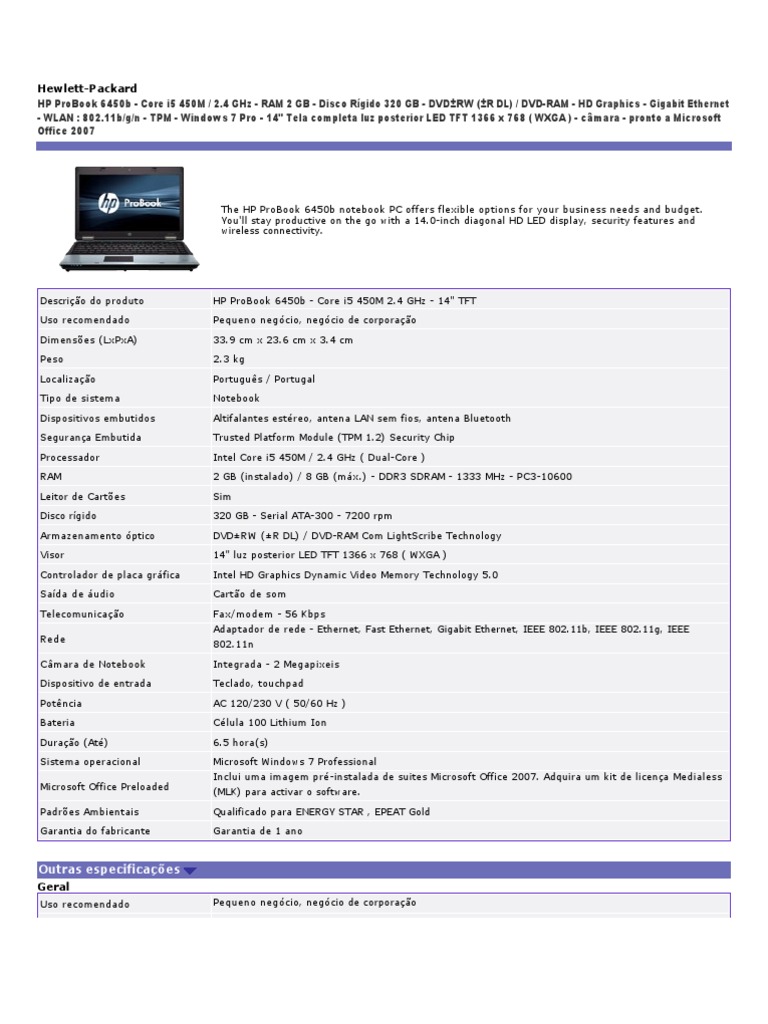 HP ProBook 6450b Specs | PDF | Rede de computadores | Wi-Fi