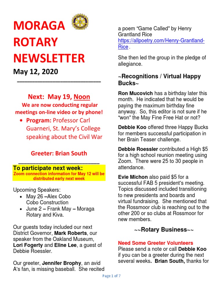 Moraga Rotary Newsletter May 12 2020 | PDF