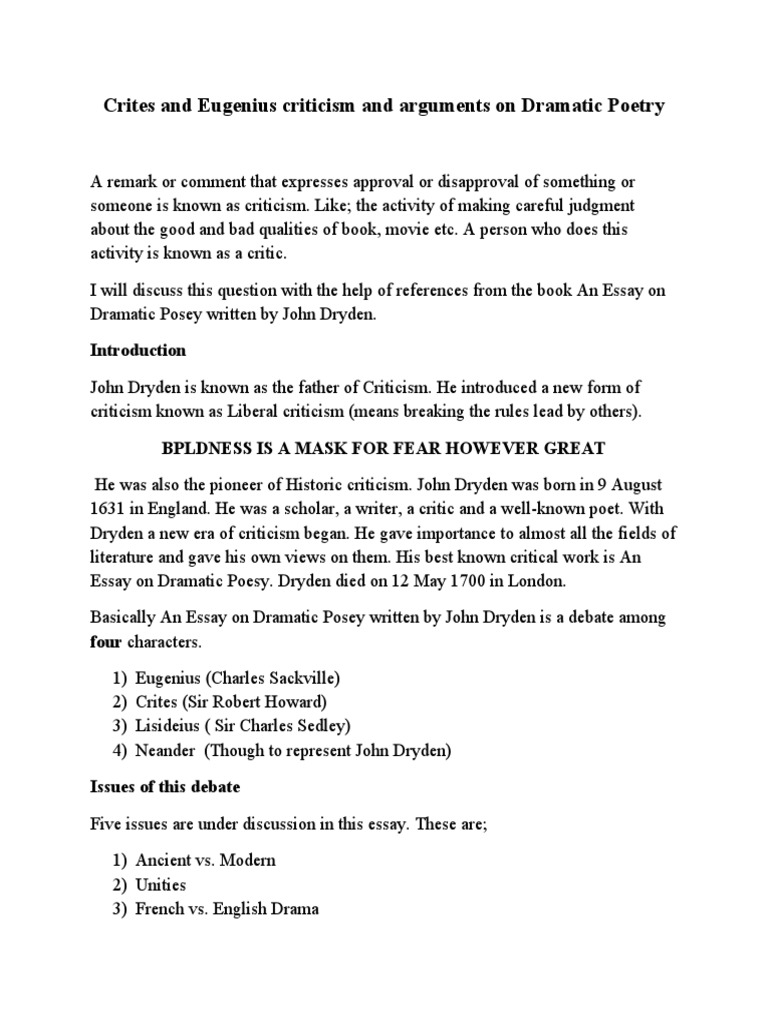 Crites and Eugenius Criticism and Arguments On Dramatic Poetry | PDF ...