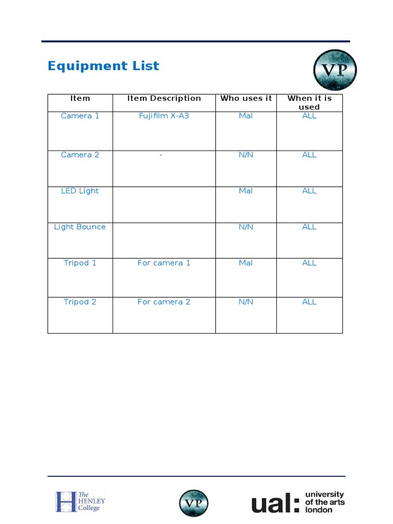 Photography Equipment Usage List | PDF