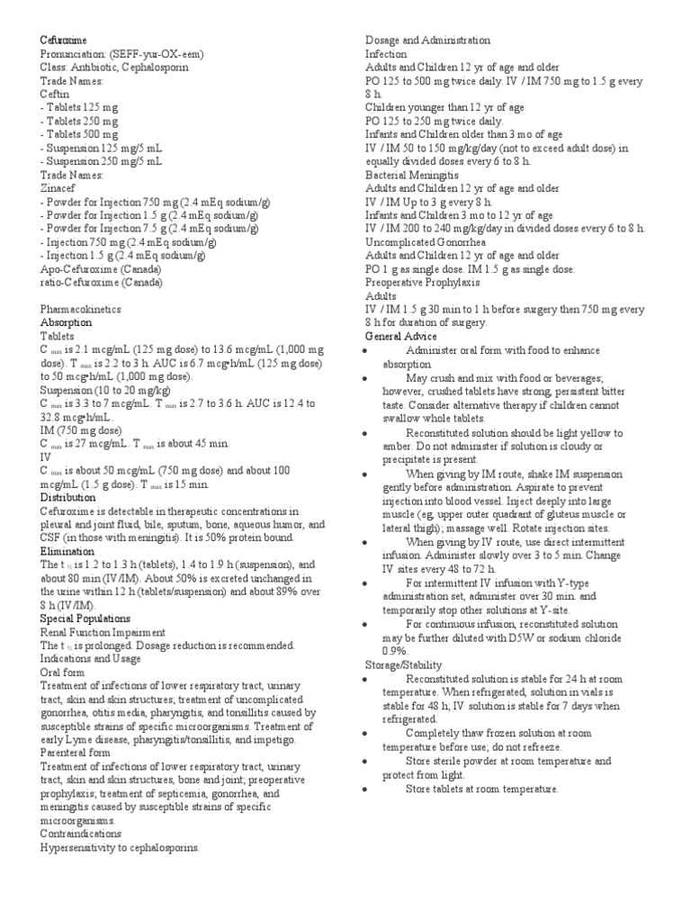 Cefuroxime dosage and administration guide | PDF | Chemistry | Dose ...