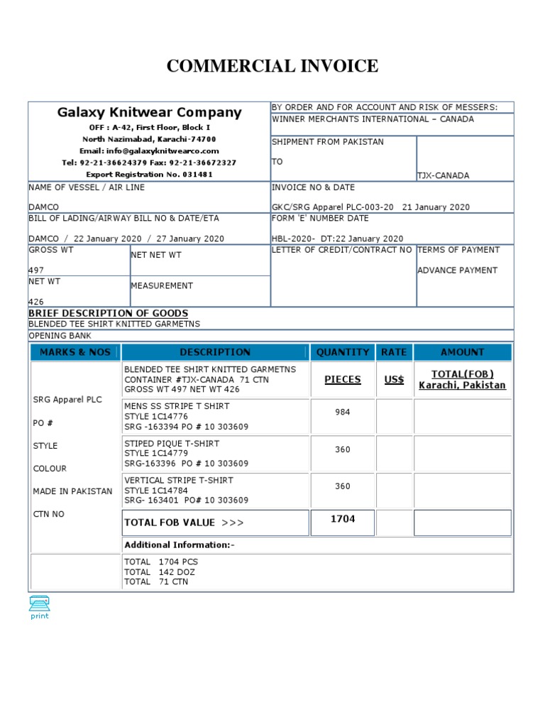 Commercial Invoice: Galaxy Knitwear Company | PDF | Clothing | Business