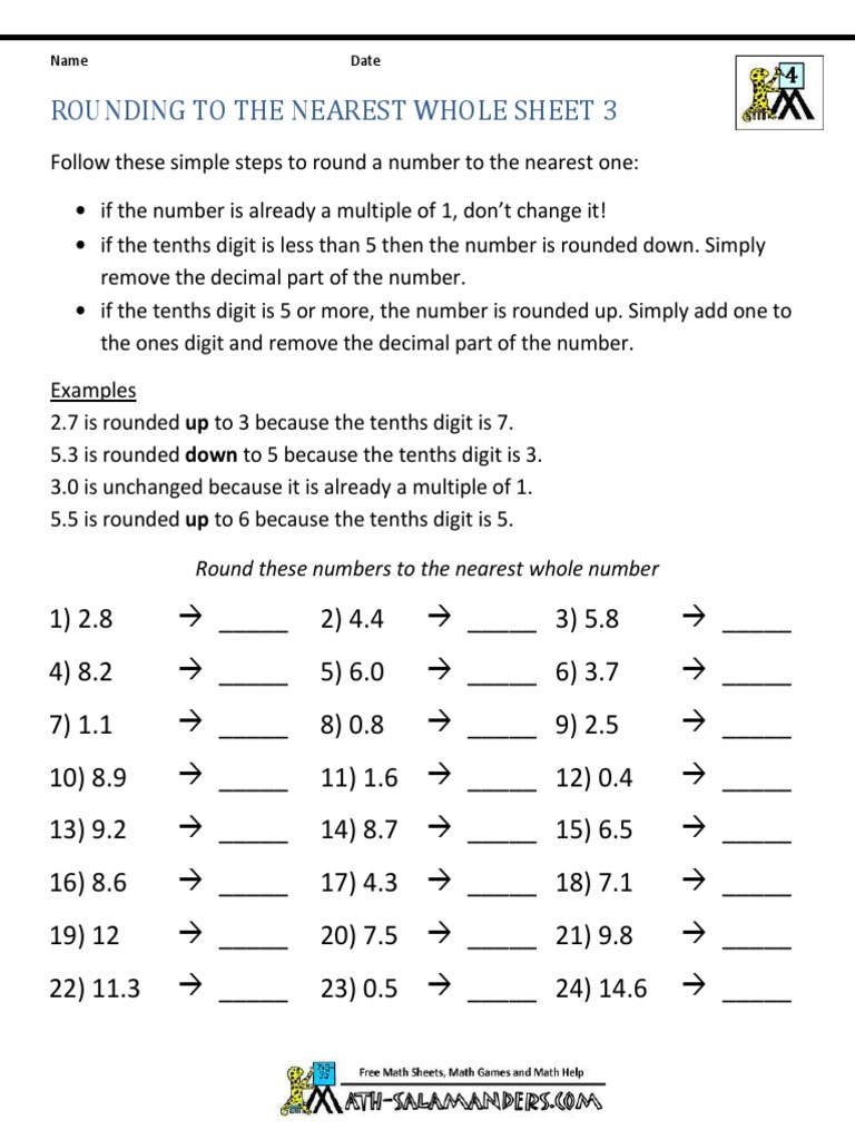 Rounding Decimals to Whole Numbers | PDF
