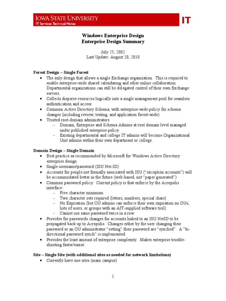 Windows Enterprise Design Enterprise Design Summary: Forest Design ...