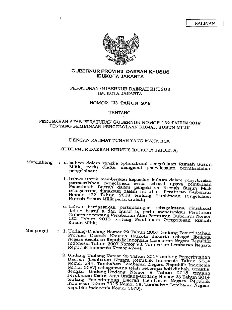 Pergub No. 133 Tahun 2019 Tentang Rusun Milik PDF | PDF