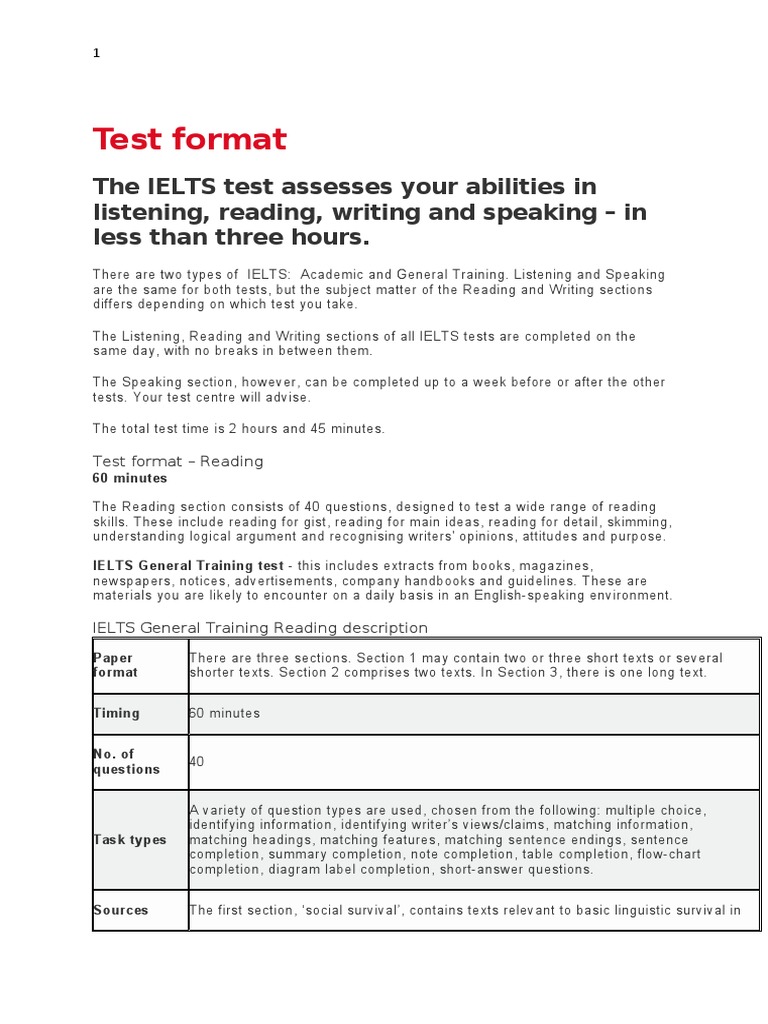 Test Format - Reading & Writin IELTS General | PDF | International ...
