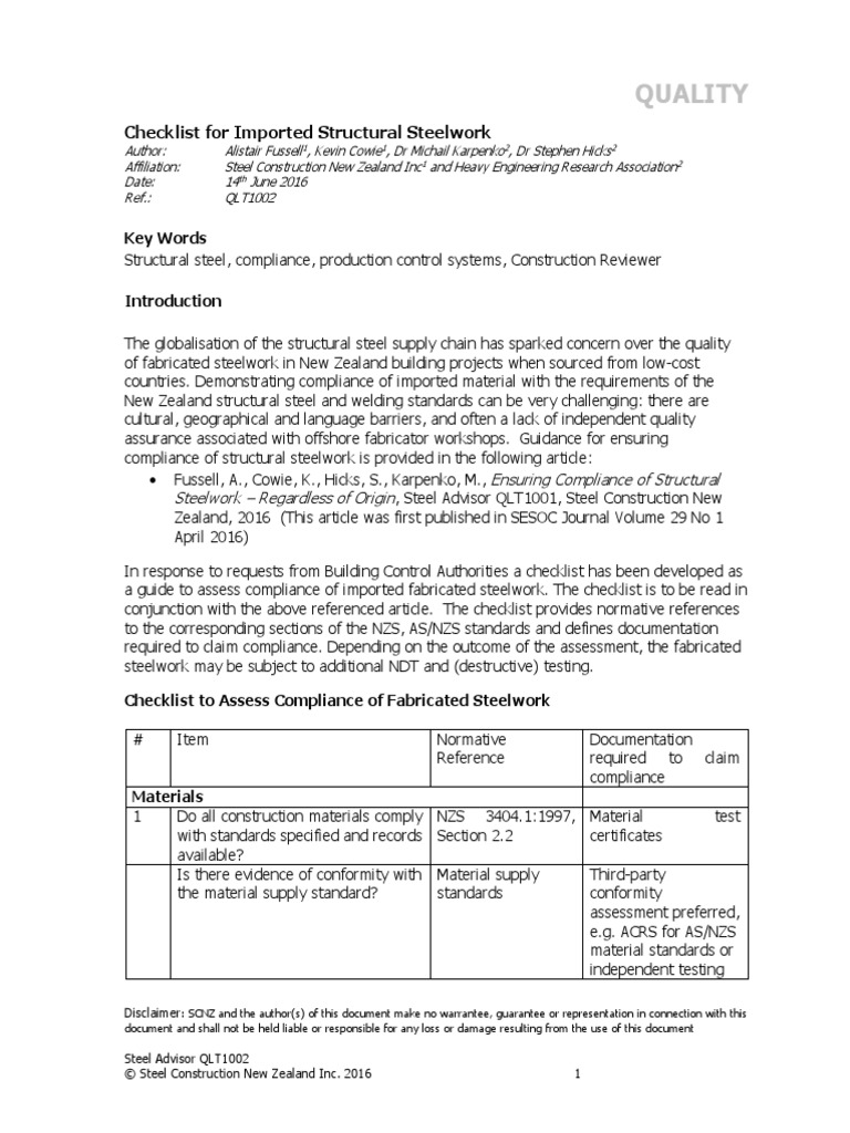 Quality: Checklist For Imported Structural Steelwork | PDF | Business ...