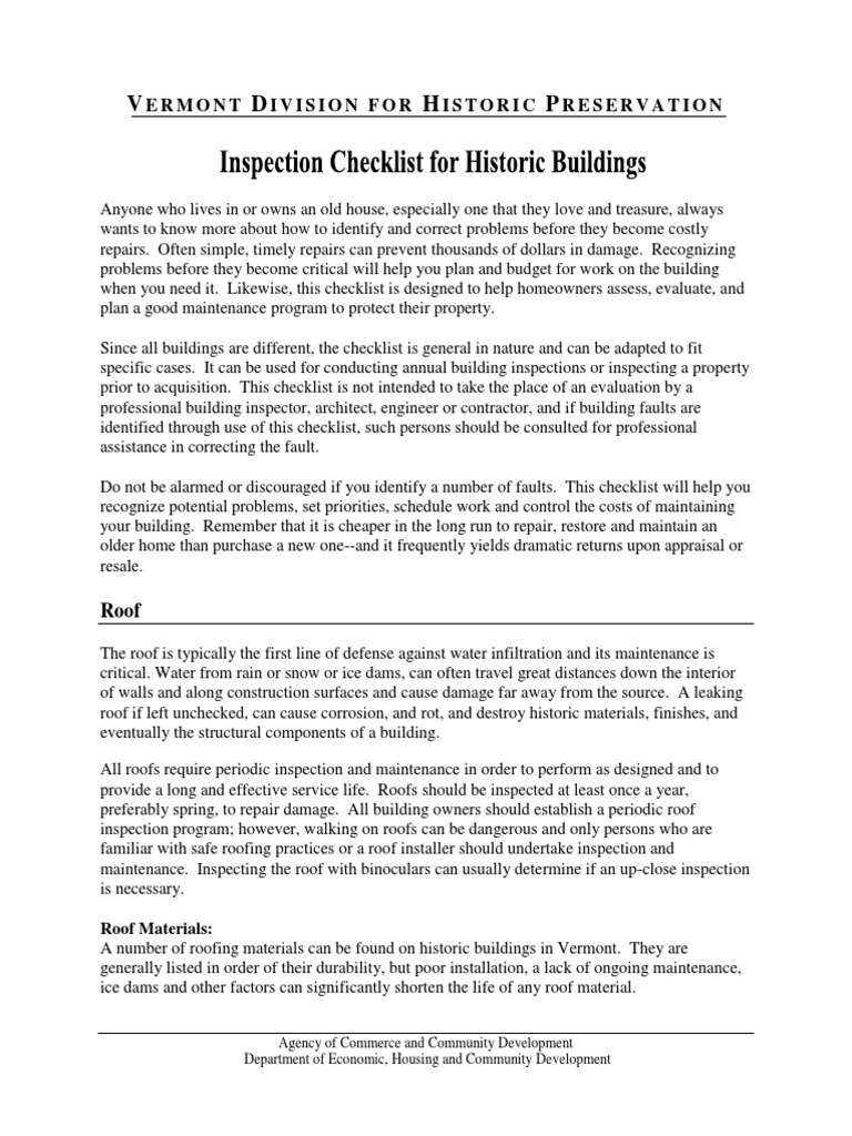 Inspection Checklist For Historic Buildings | PDF | Roof | Basement