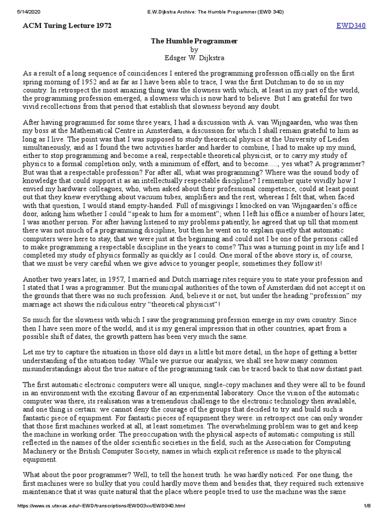 E.W.Dijkstra Archive - The Humble Programmer (EWD 340) PDF | PDF ... E.W.Dijkstra Archive - The Humble Programmer (EWD 340) PDF | PDF ...