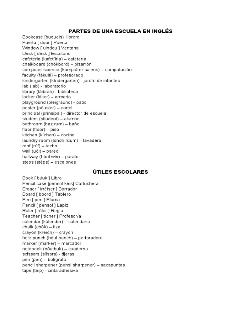 Partes de Una Escuela en Inglés | PDF | Artes del Lenguaje y ...