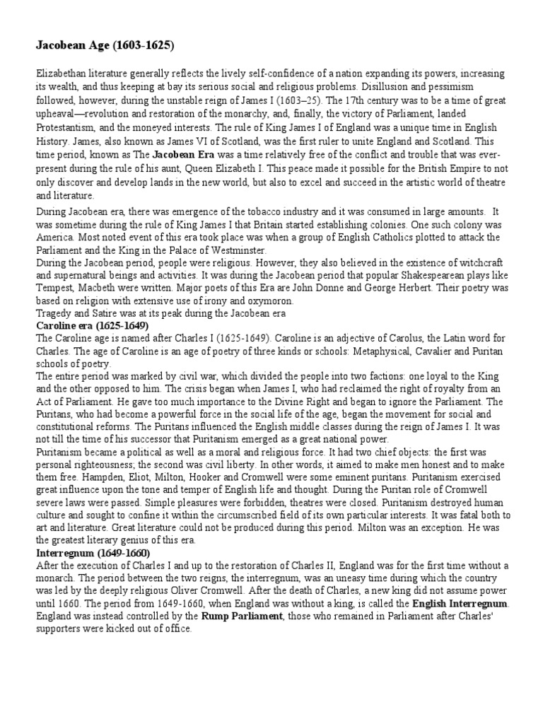 Jacobean Age (1603-1625) : Caroline Era (1625-1649) | PDF | James Vi ...