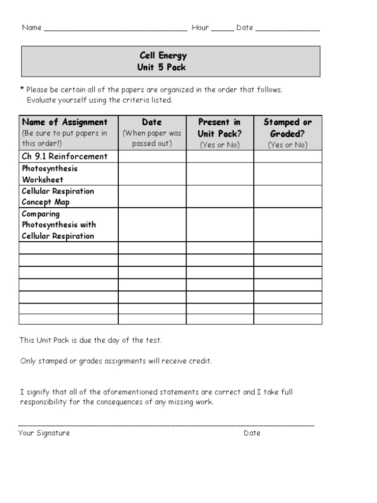 Cell Energy Unit Pack Checklist | PDF