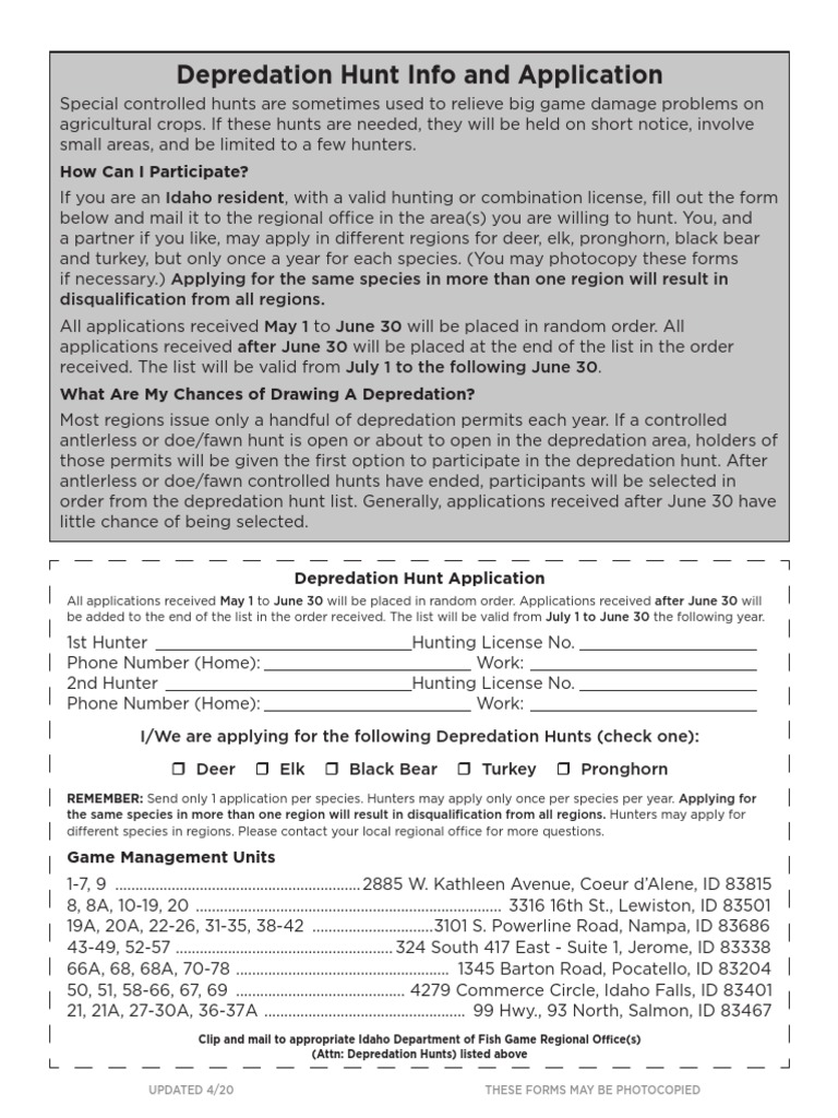 Form Depredation Hunt Info Application | PDF | Wildlife | Business