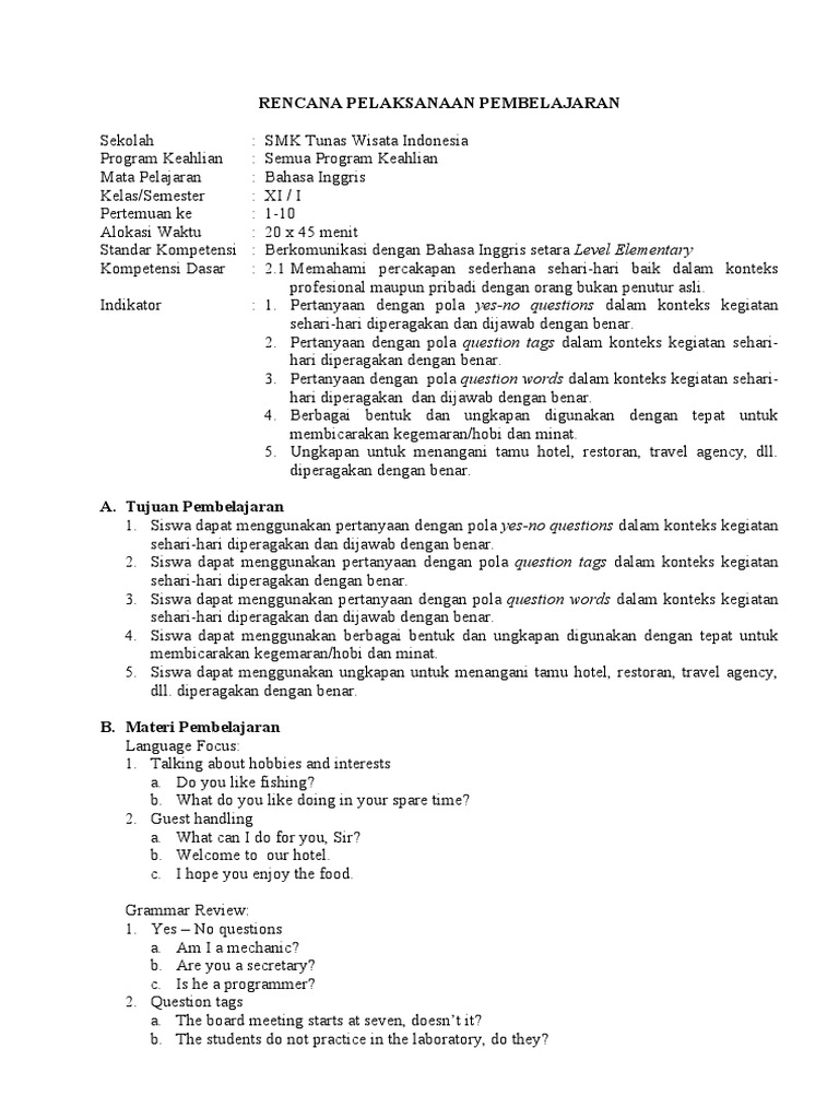 RPP Bahasa+Inggris SMK XI+smt+I | PDF