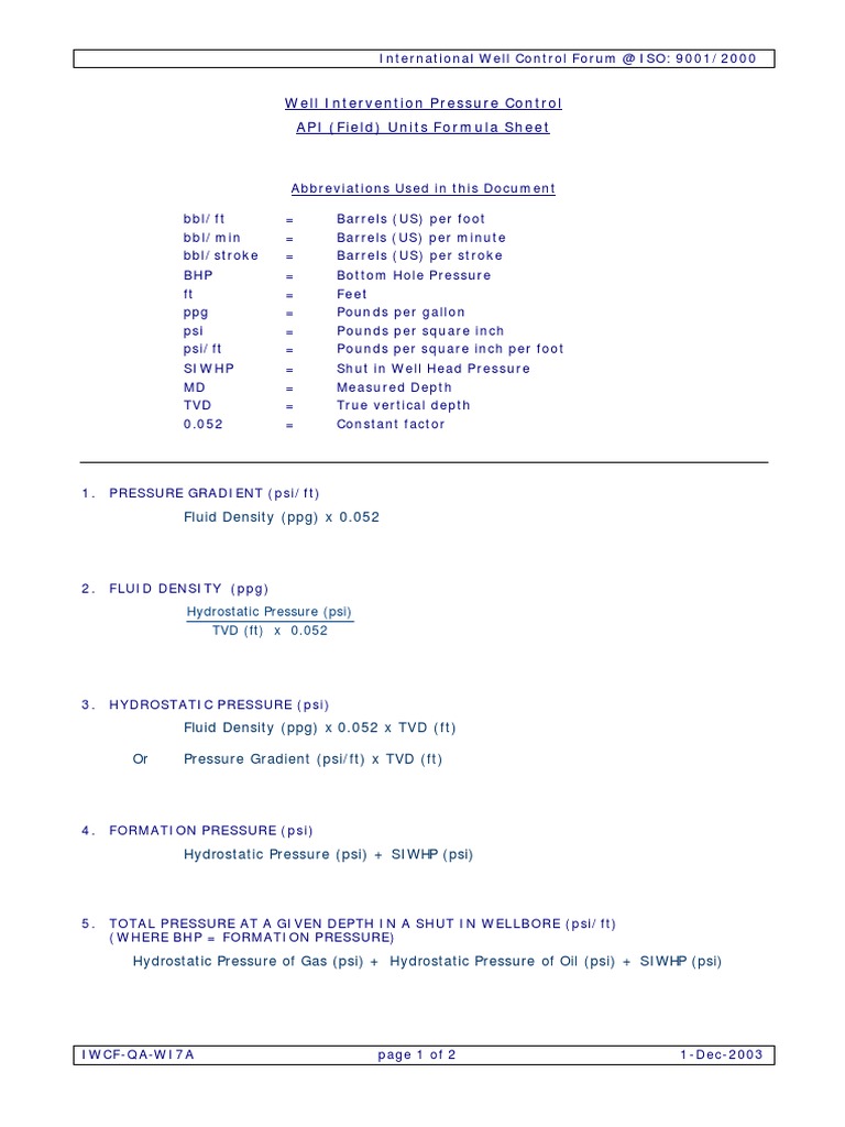 ISO 9001/2000 Well Pressure Control Formulas | PDF | Barrel (Unit ...