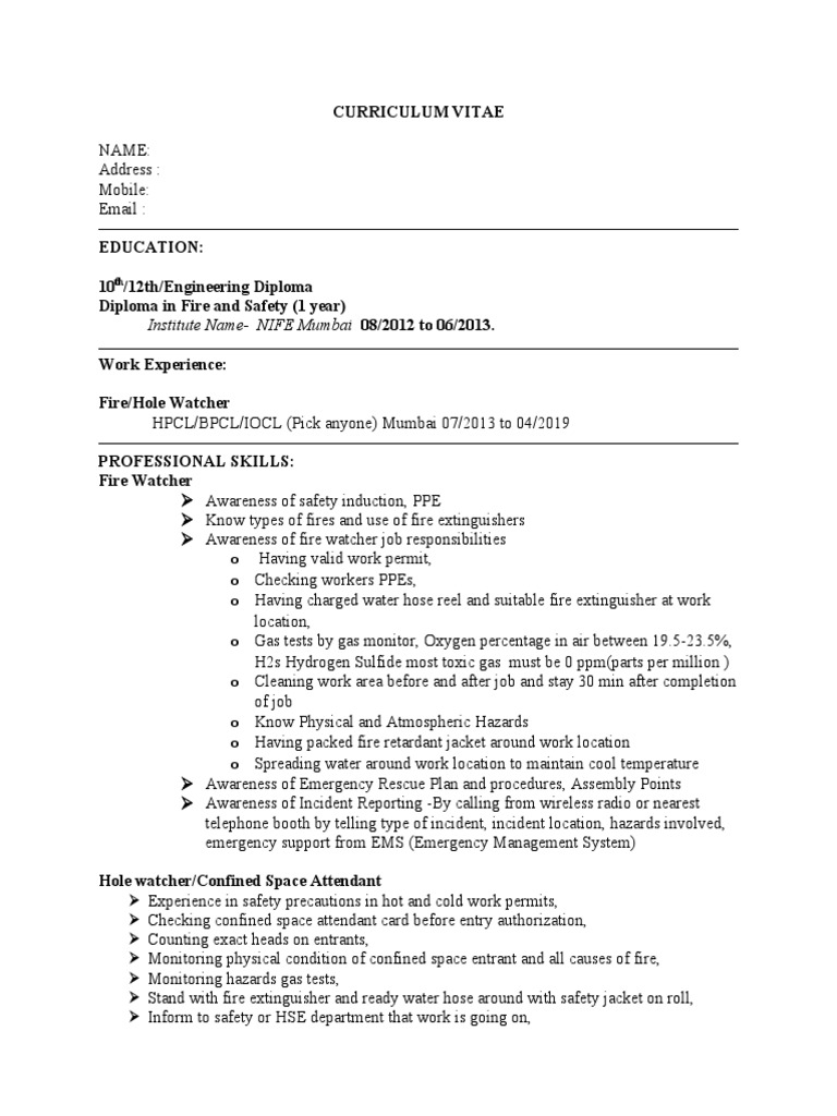 Fire - Hole Watch CV | PDF