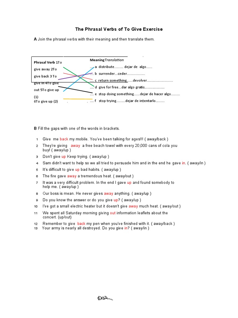 The Phrasal Verbs of To Give Exercise: A Join The Phrasal Verbs With ...