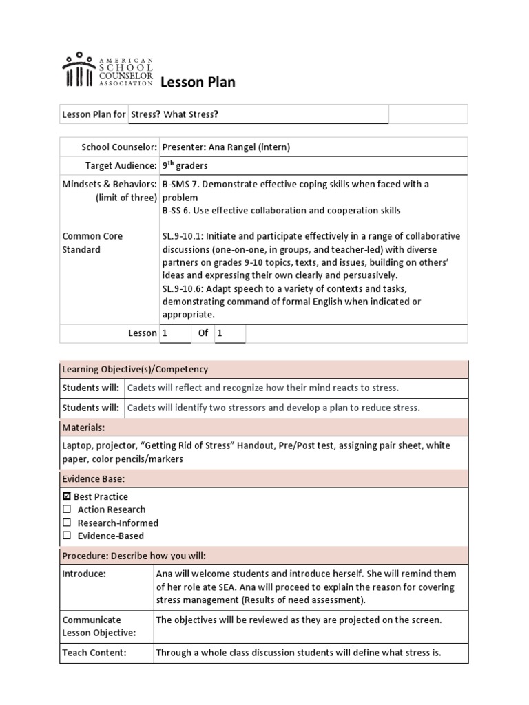 Lesson Plan | PDF | Stress (Biology) | Evidence Based Medicine