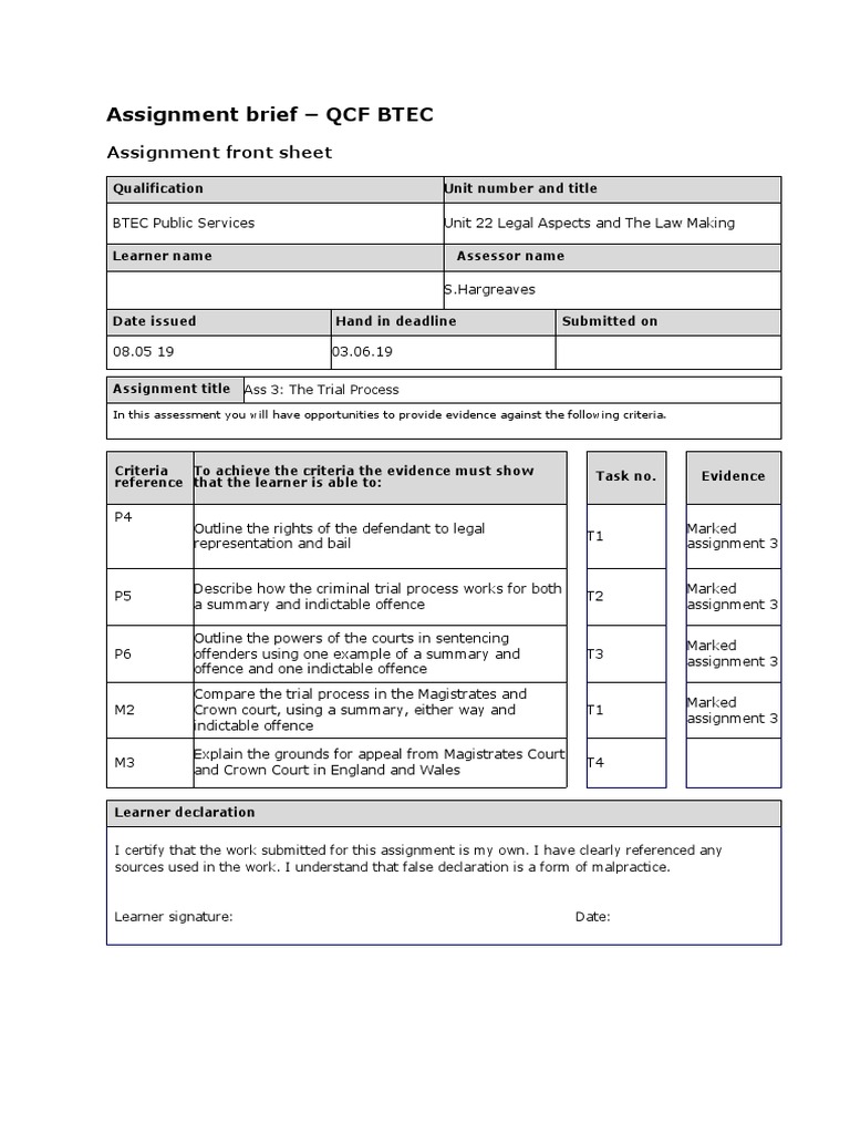 Assignment Brief - QCF BTEC | PDF | Right To A Fair Trial | Trials
