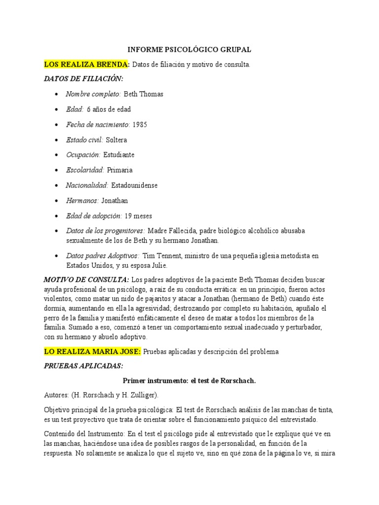 Informe Psicológico Grupal | PDF | Teoría de apego | Ira